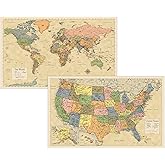 Amazon.com : Laminated World Map & US Map Poster Set - 18" x 29" - Wall ...