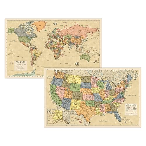 2 Pack - Laminated World Map & US Map Poster Set - Wall Chart Map of ...