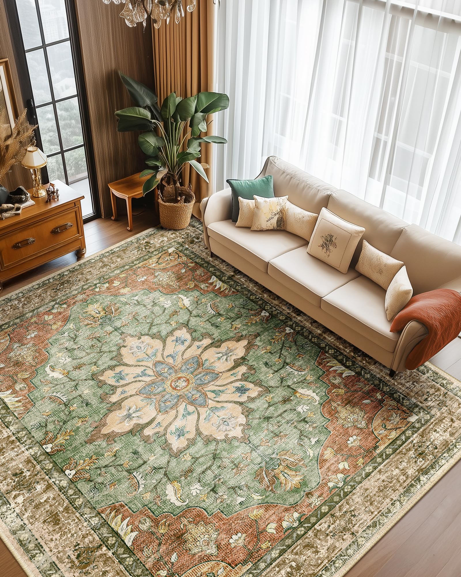 RELEANY Area Rugs 9'x12' Washable Non-Slip, Floral Vintage Distress ...