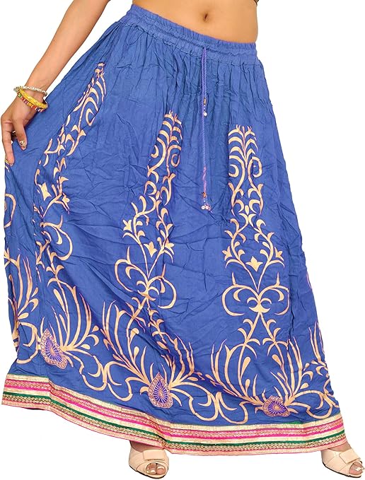 Falda larga impresa de la India exótica con borde de parche adornado ...