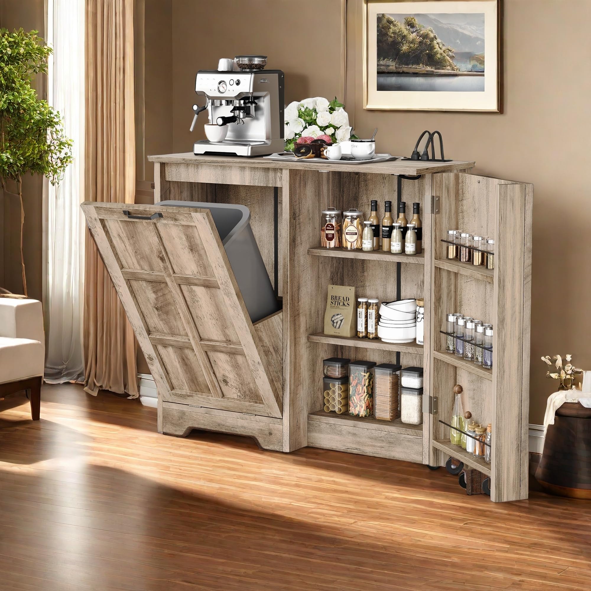 YITAHOME 13 Gallon Tilt Out Trash Cabinet with Outlets, Recycling ...