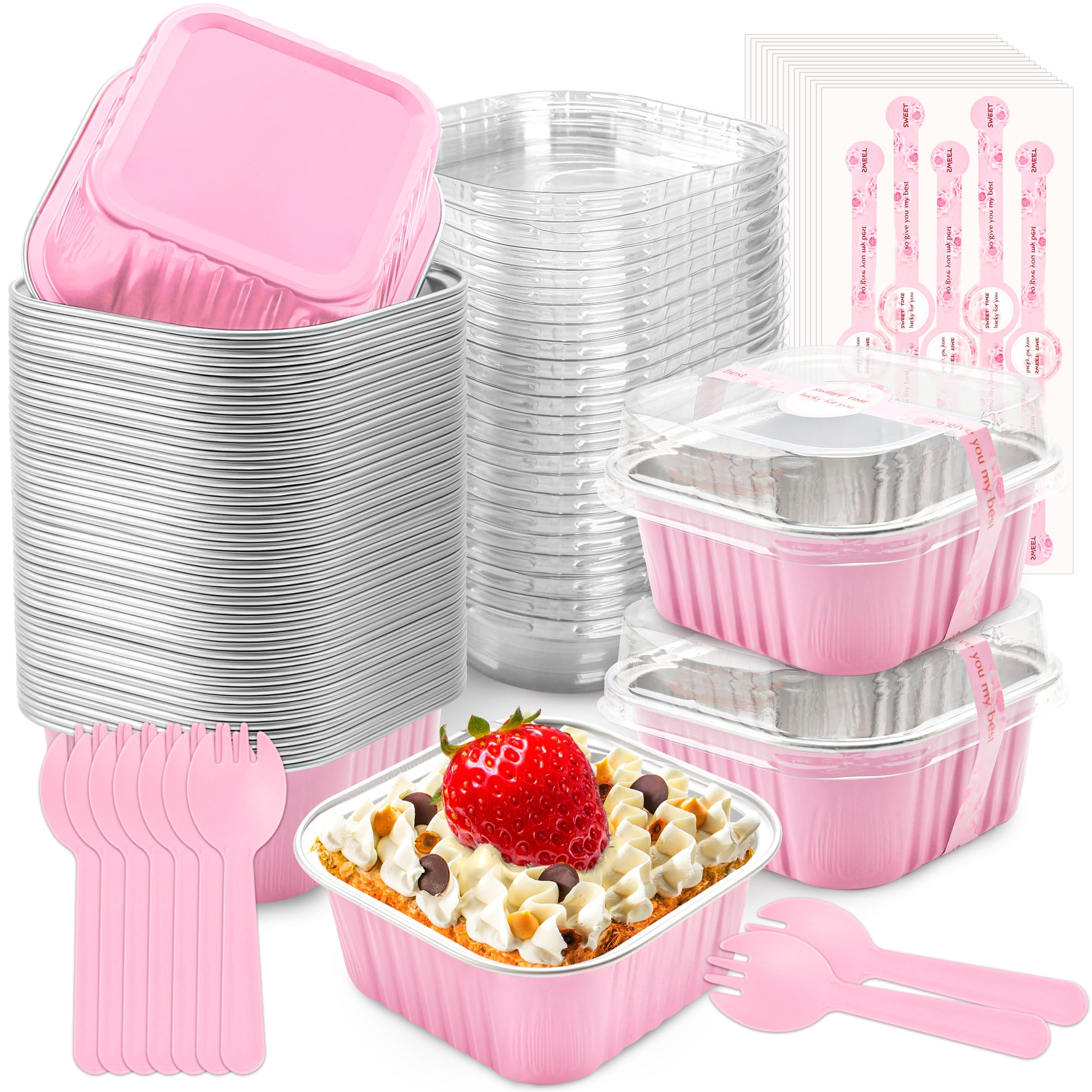 NPLUX 50 Pack Mini Cake Pans with Lids and Spoons Aluminum Foil Pans ...