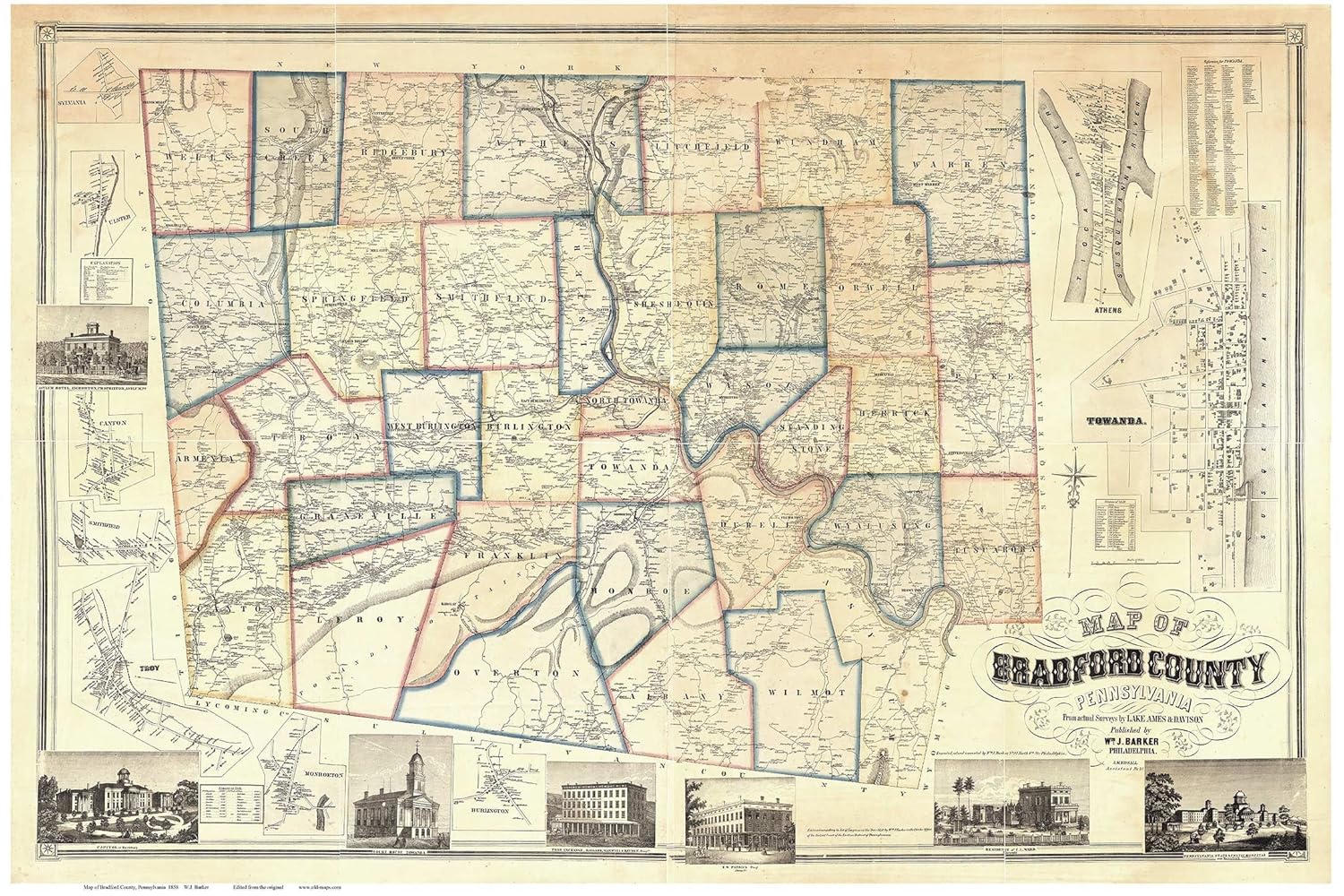 Amazon.com: Bradford County Pennsylvania 1858 - Wall Map with Homeowner ...