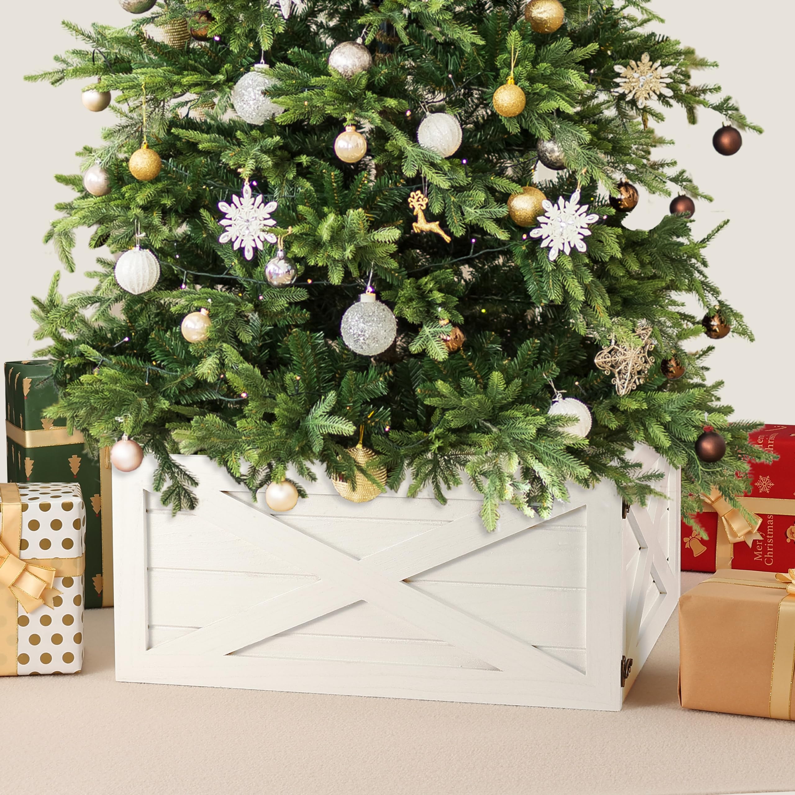 Perfnique Christmas Tree Collar, 22'' Durable Wood Tree Base, Handmade ...