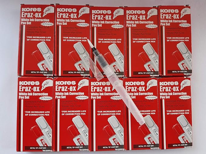 Kores Eraz-ex White Ink Pen - 12ml with Metal Tip, Pack of 20 pens(10 ...