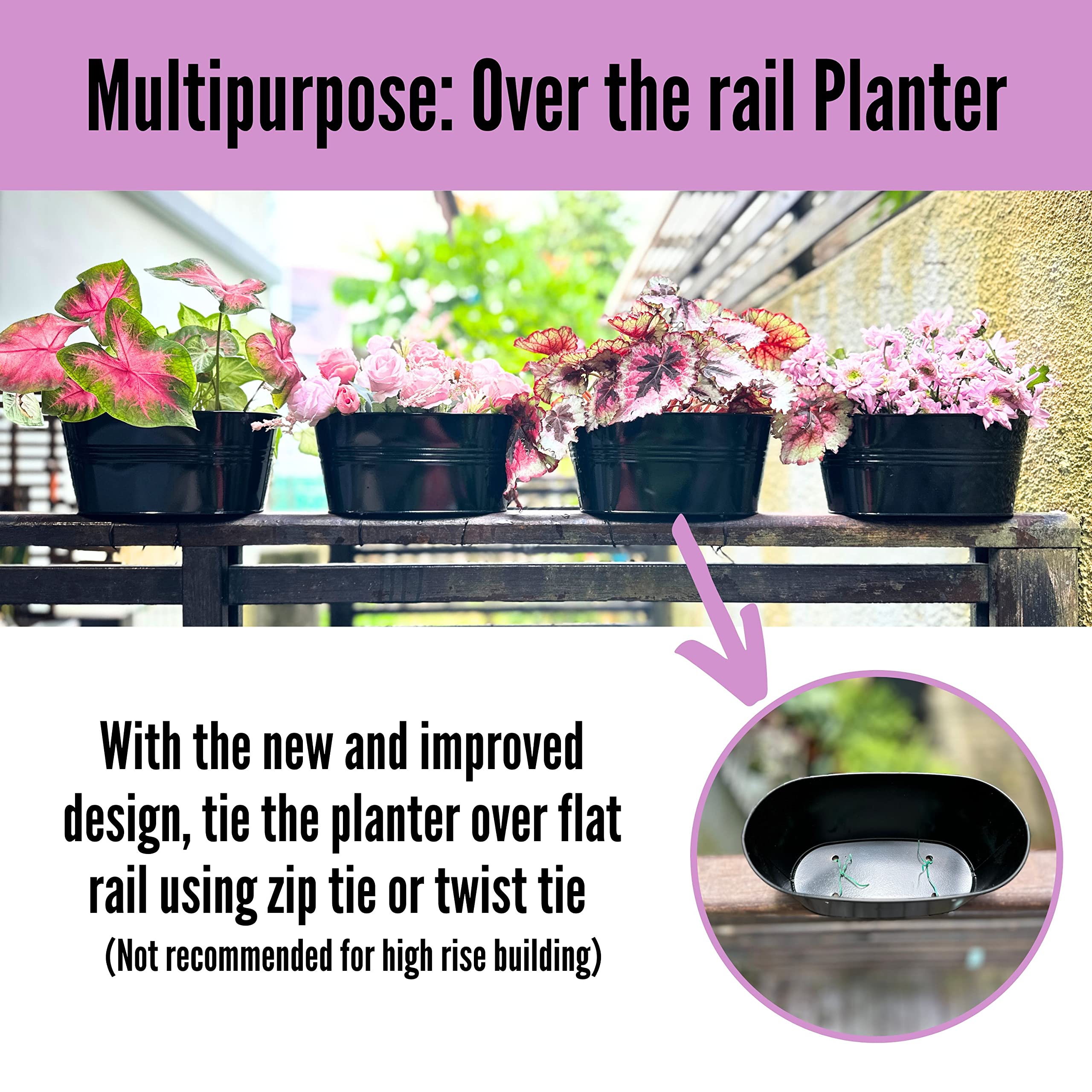 LaLaGreen Outdoor Rail Planter Plants (4 Pack, 11.2 Inch) Black Metal Iron Hanging Flower Pots ...