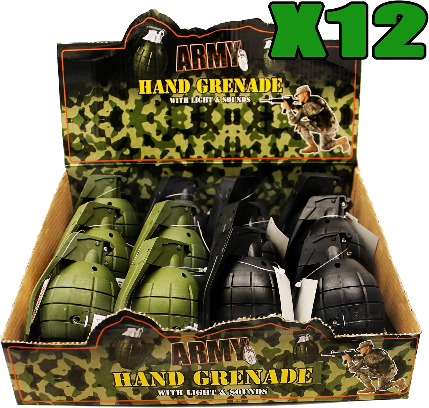 12 x TOY HAND GRENADES WITH REALISTIC SOUND & LIGHT IN GREEN AND BLACK ...