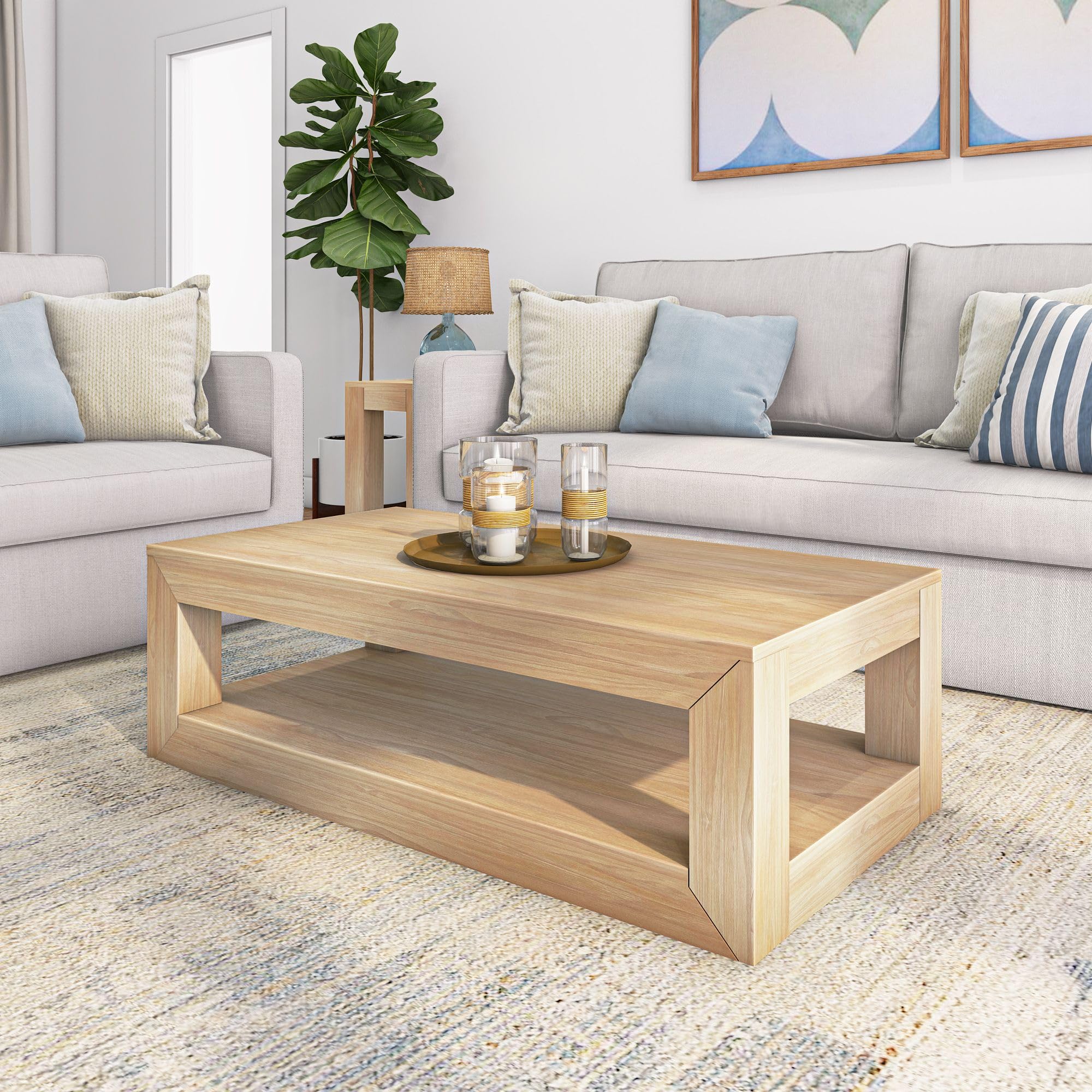 Plank+Beam Modern Rectangular Coffee Table with Shelf, 48", Solid Wood Center Table with Storage ...