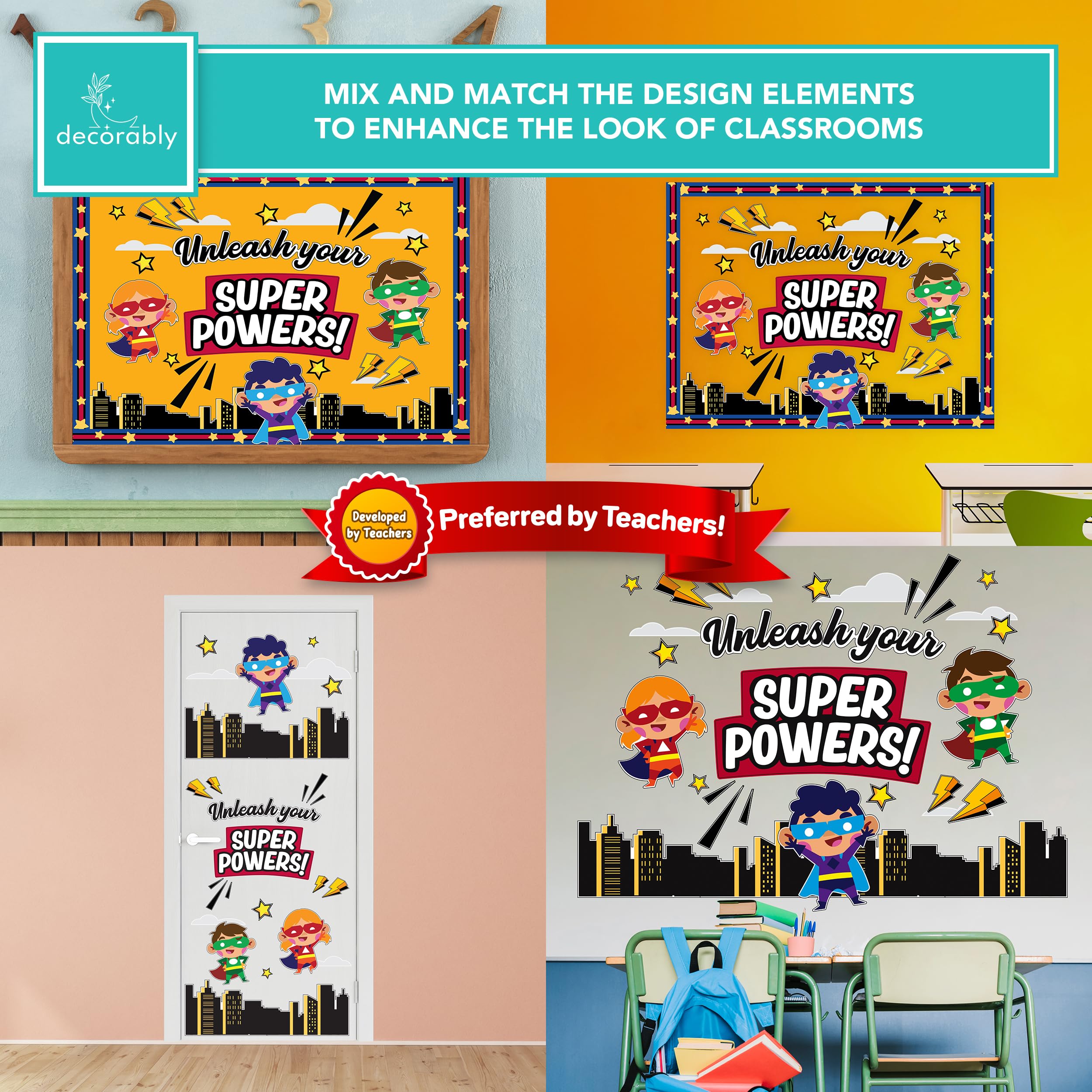 Mua Decorably 58 Pcs Cutouts Superhero Classroom Decor Set with Borders ...