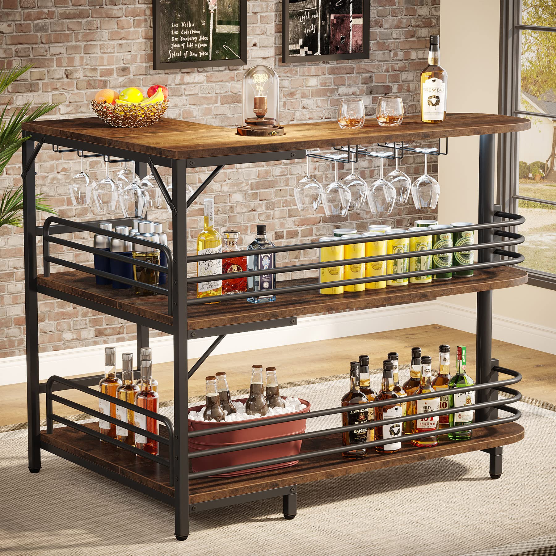 Tribesigns L-Shaped Home Bar Unit, 3 Tier Liquor Bar Table with Storage ...
