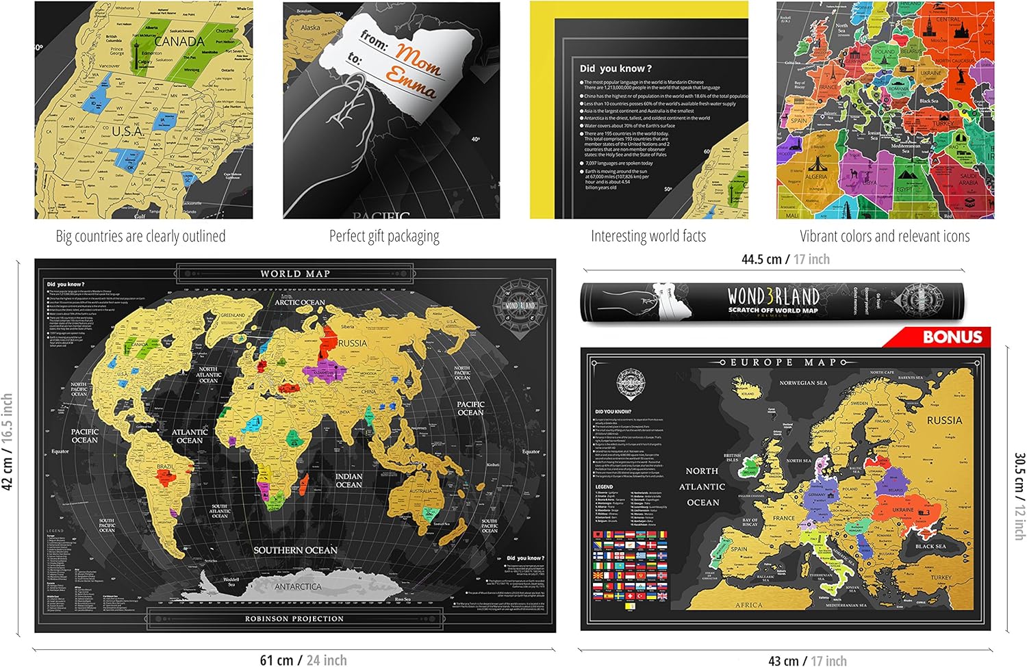 Wond3rland Premium Scratch Off Map of The World + Bonus Europe Map | Personalized Wall Map ...