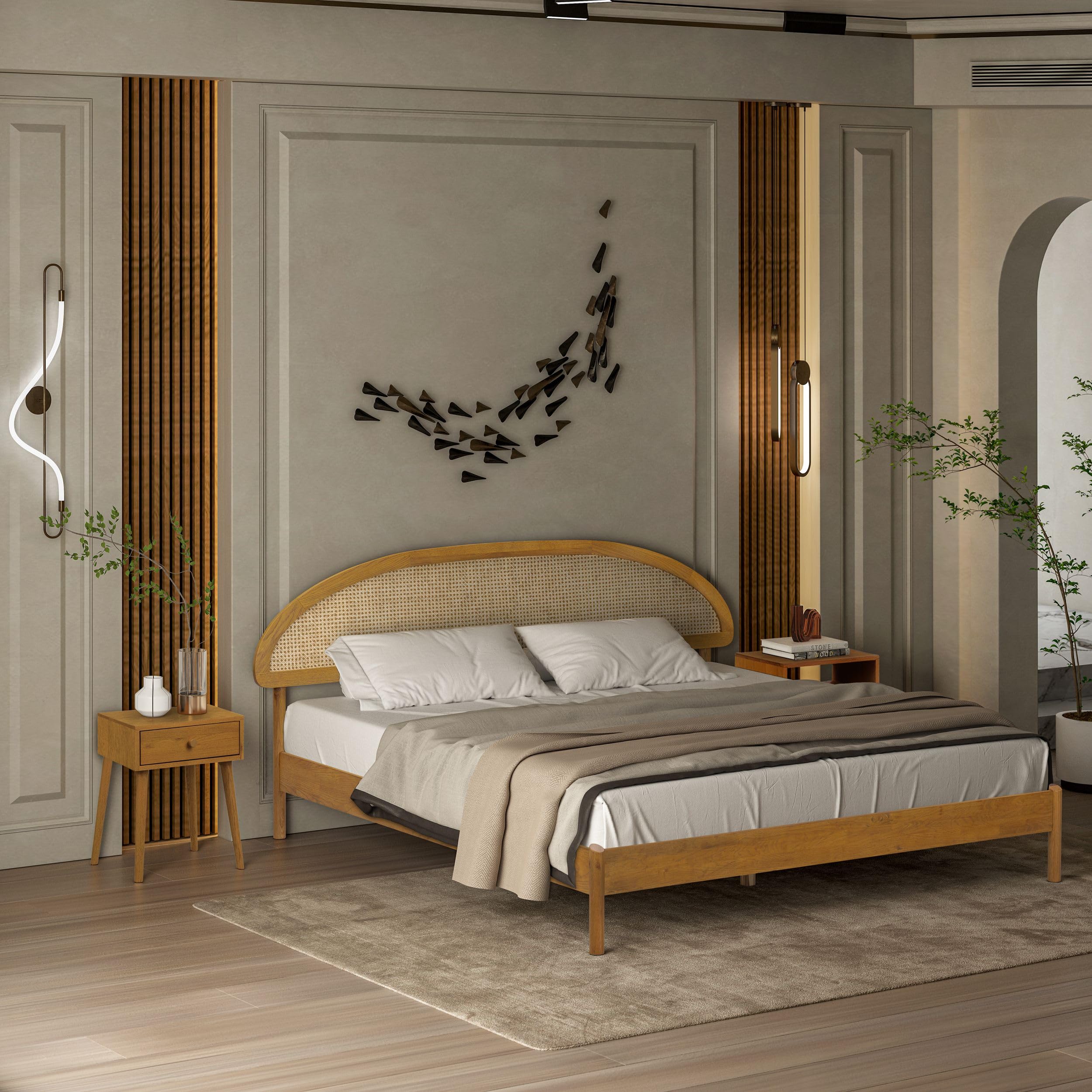 NTC Gem Wooden Bed Frame with Headboard and Natural Rattan, Solid Oak ...