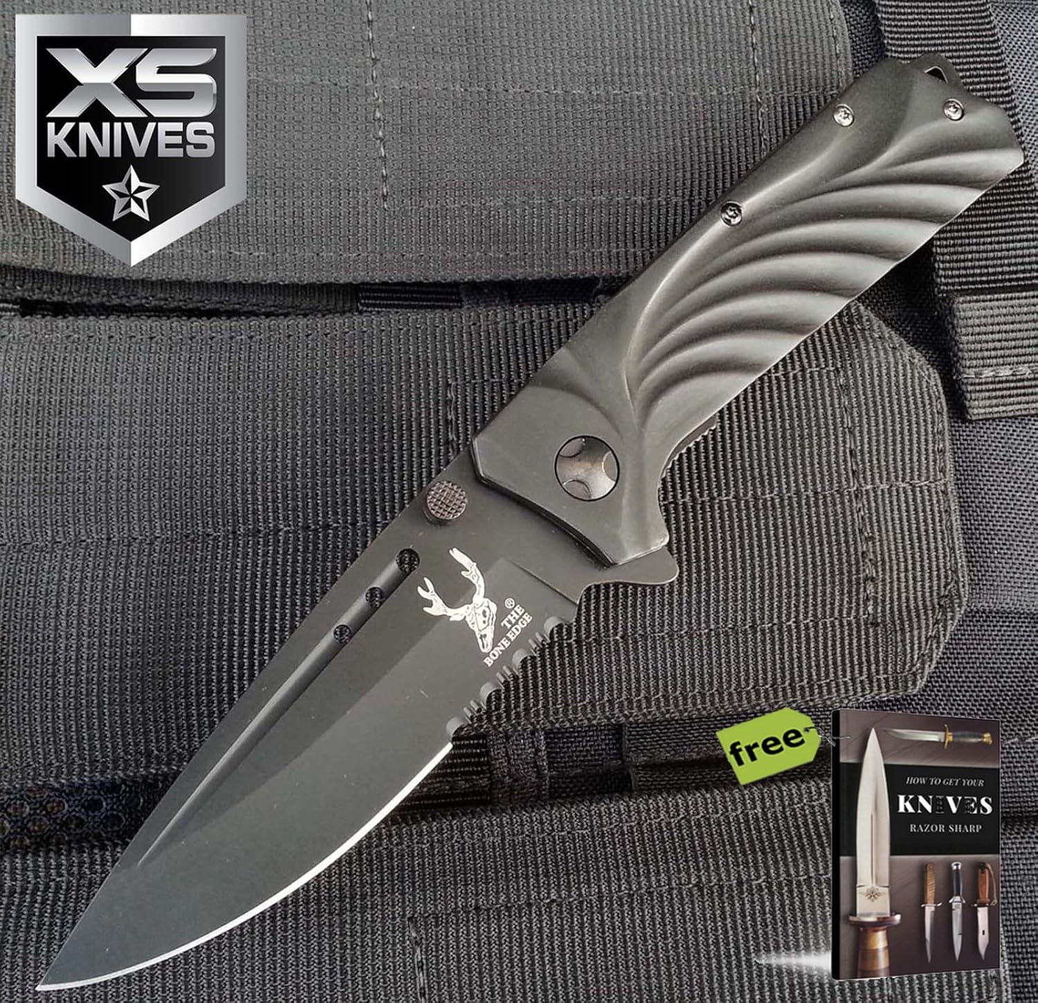 8" BONE EDGE Spring Assisted Knife - Black Folding Pocket Carbon Steel ...