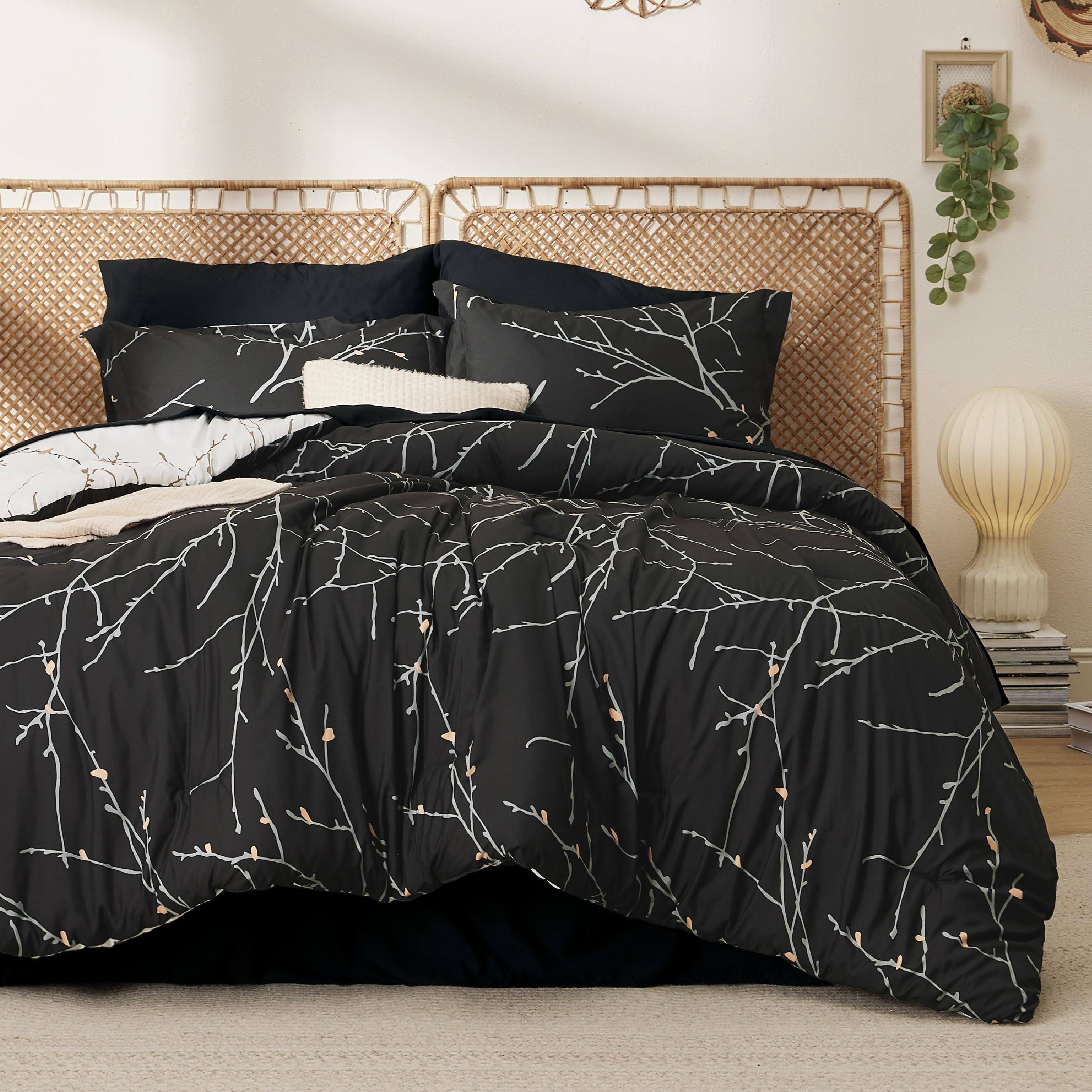 Bedsure Black Queen Comforter Set - 7 Pieces Floral Bedding Sets Queen ...