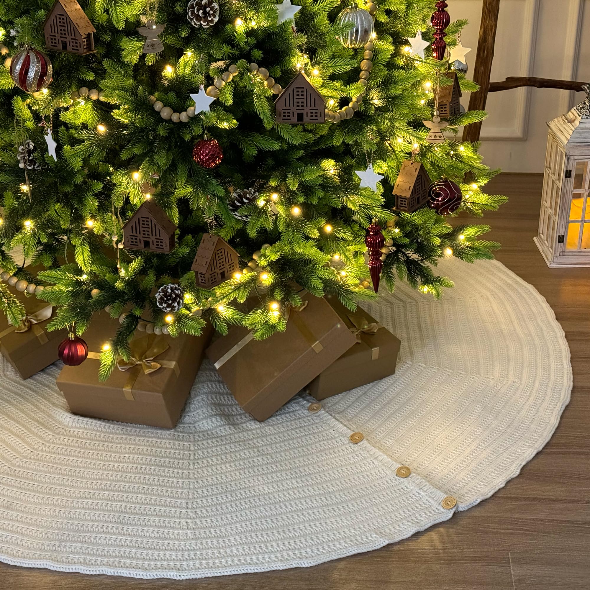 72-Inch Rib Knit Christmas Tree Skirt with Oak Buttons, Cream White for ...