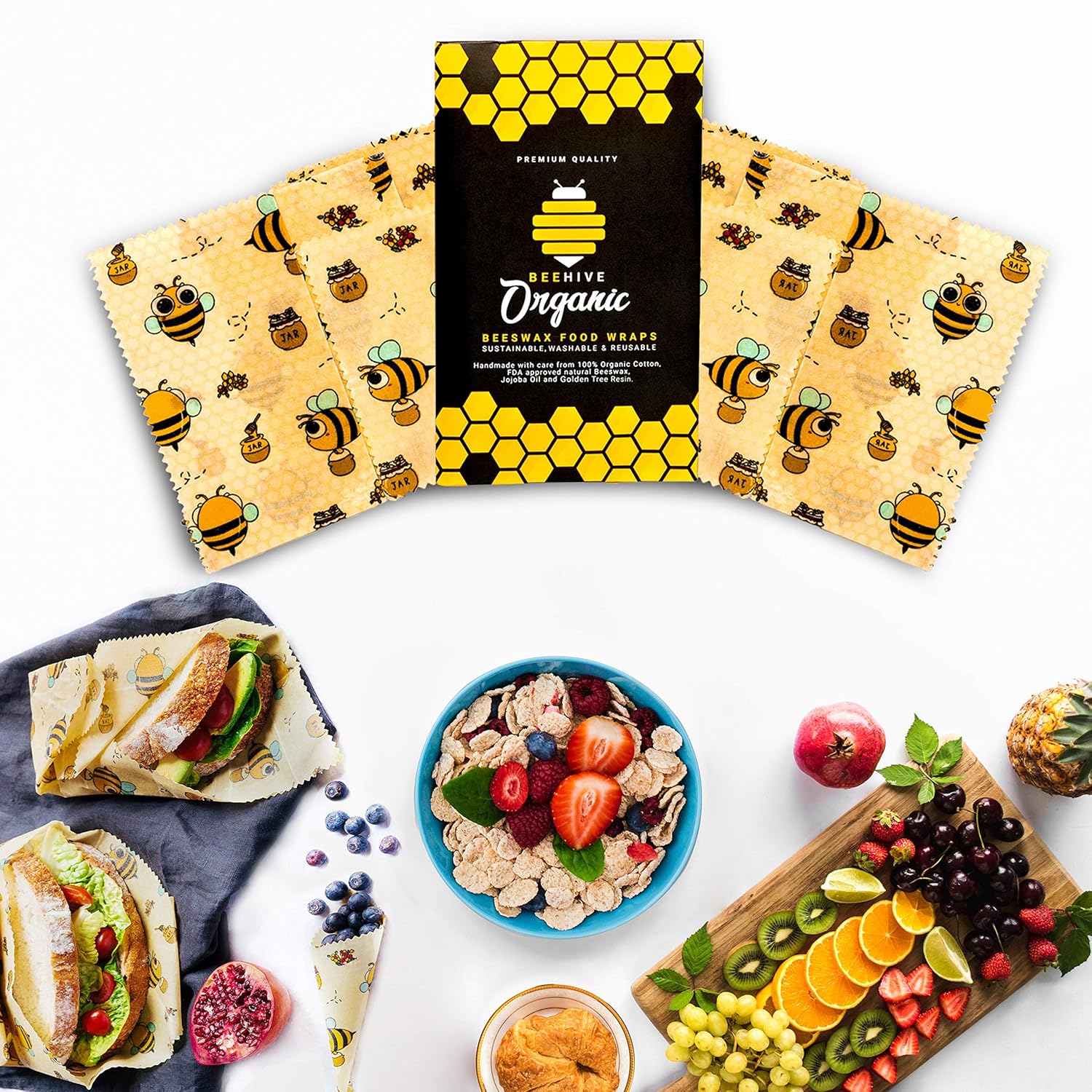Beehive Organic Beeswax Wrap - [Pack of 4] Zero Waste & Reusable Food ...