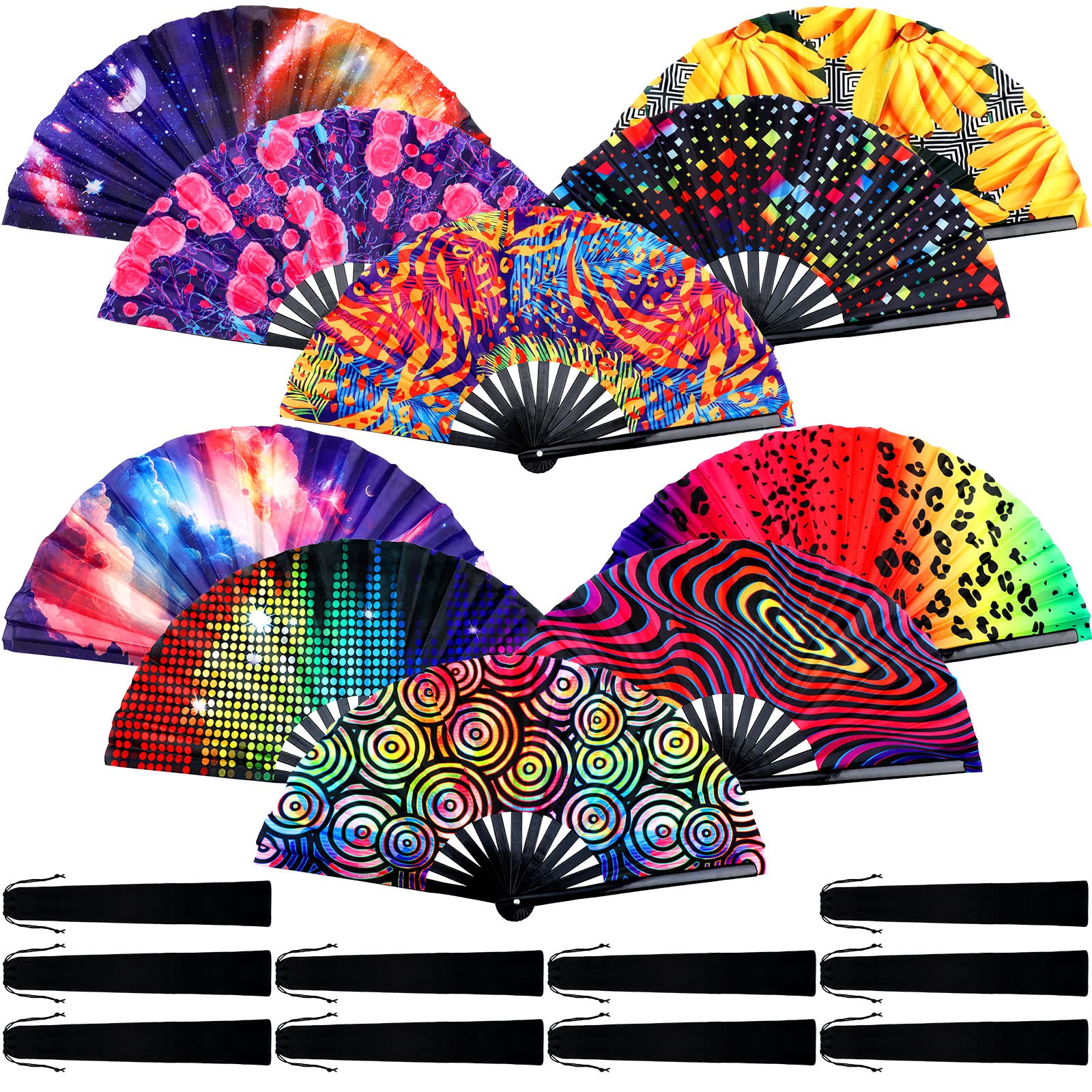 Pinkunn 10 Pcs Large Rave Hand Fan Folding Fan with Bamboo Ribs and ...