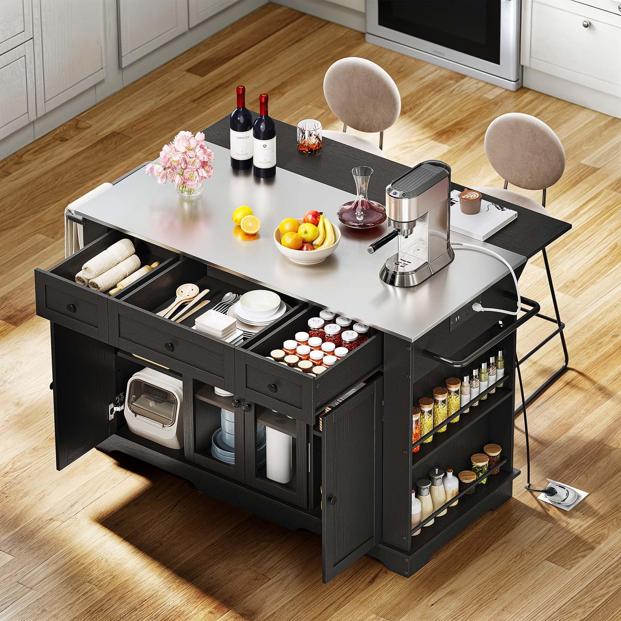DWVO Kitchen Island w Stainless Steel Top Drop Leaf Bar Seating Power ...