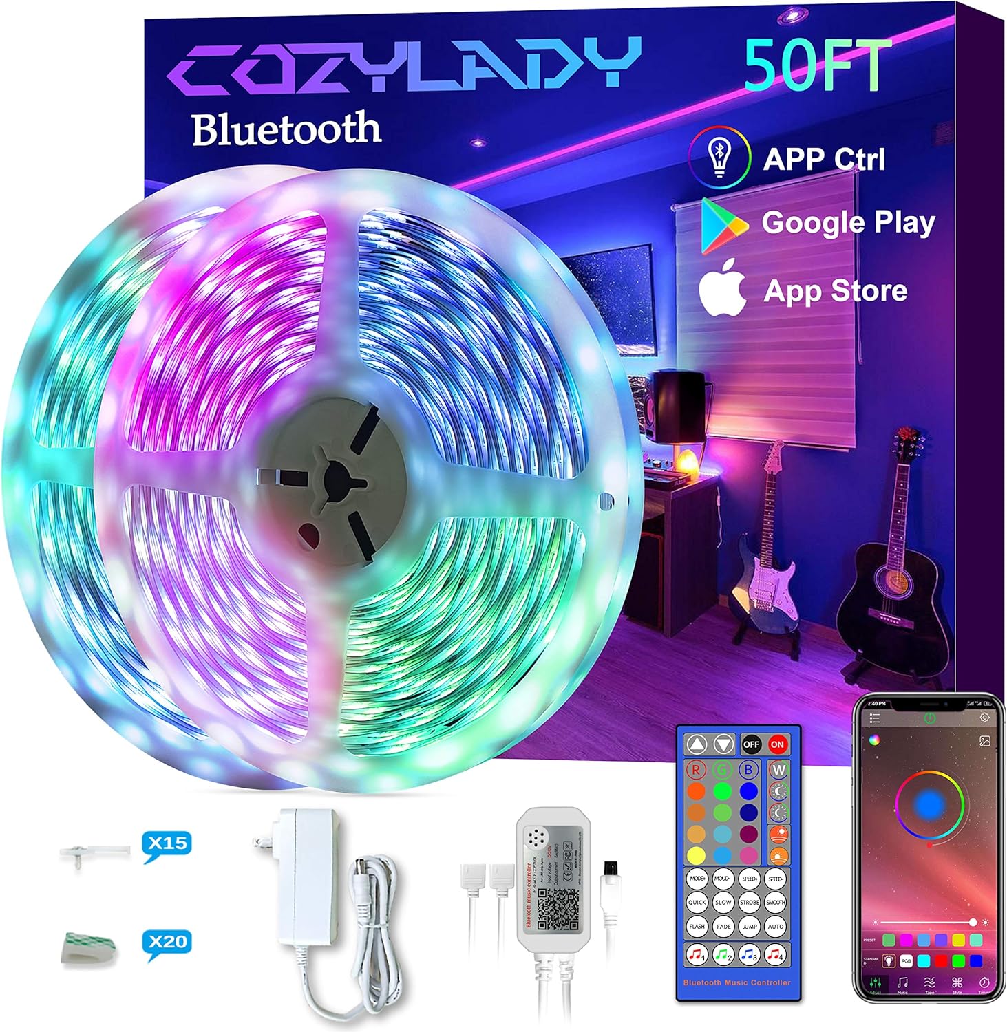 Bluetooth LED Strip Lights 50FT - Cozylady LED Light Strips Controlled ...