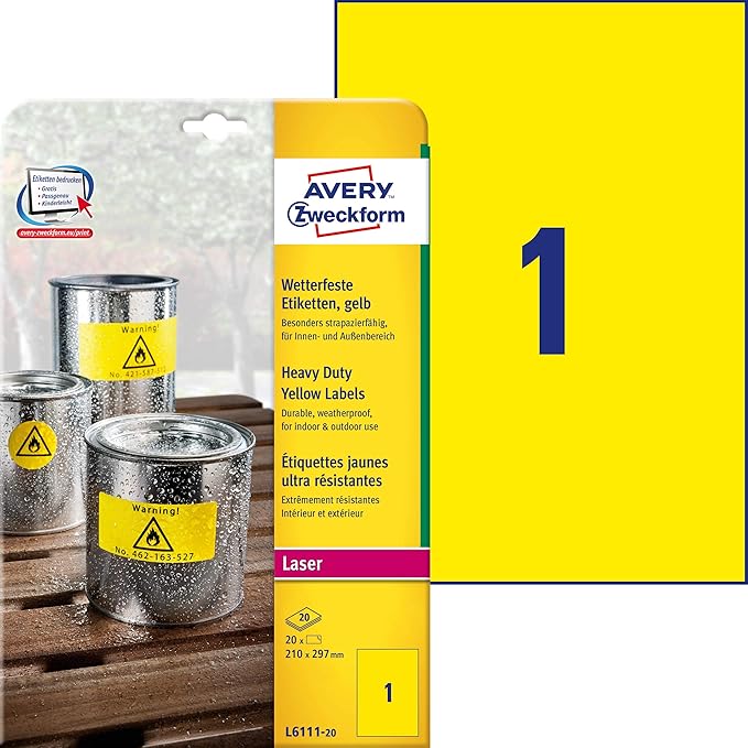 Avery Yellow Heavy Duty Laser Labels, 210 x 297 mm - printer labels ...