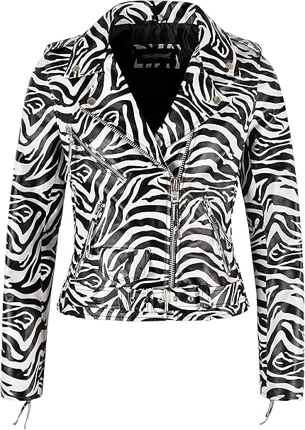 Ladies Brando Zebra Printed Biker Leather Jacket Real Lambskin ZEBRA ...