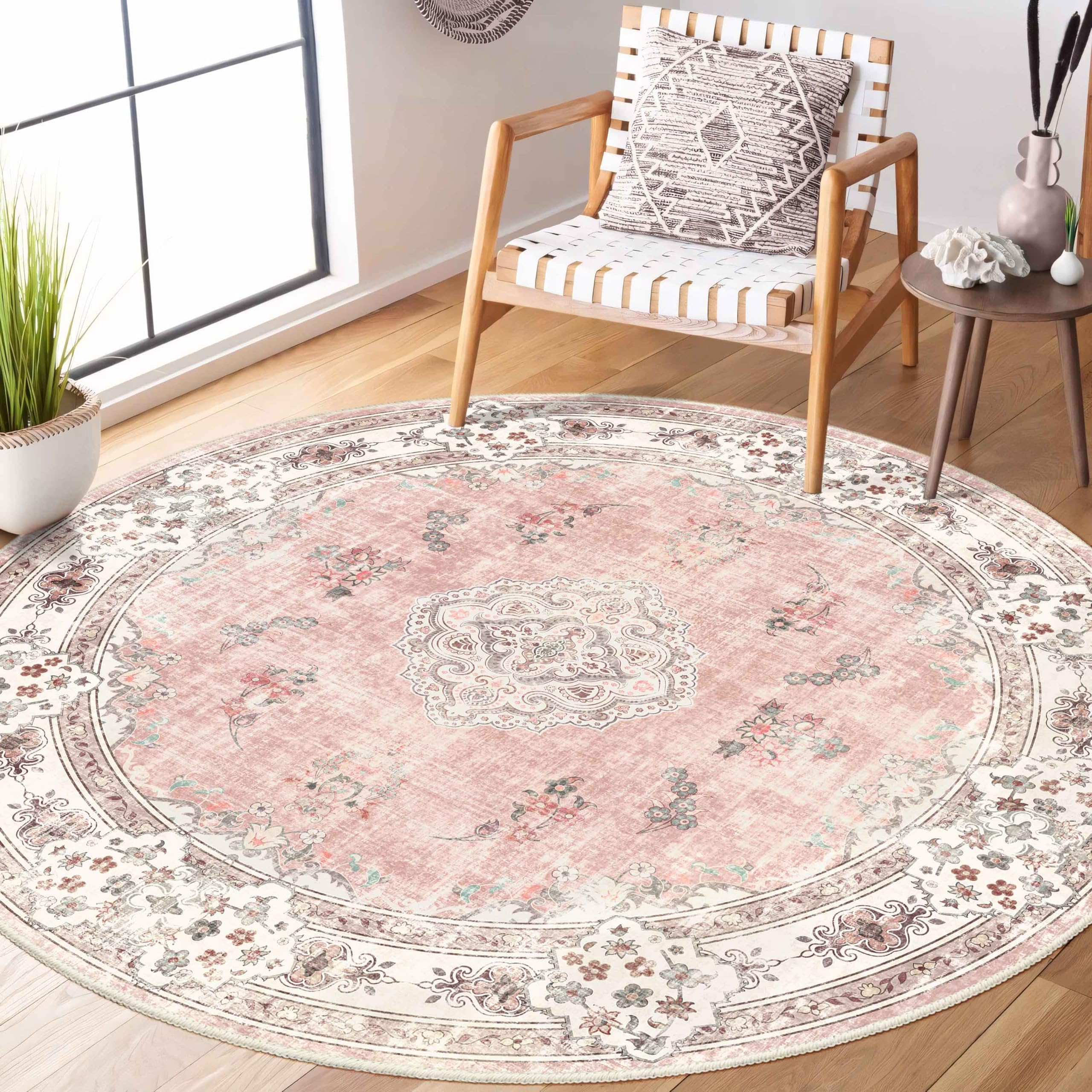 MUJOO Pink Round Rug 5ft,Circle Washable Area Rugs for Bedroom Living ...