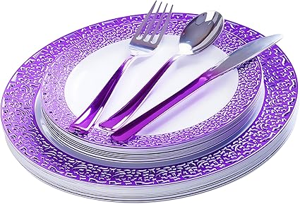 Amazon.com: FOMOICA Purple Plastic Plates and Purple Silver Silverware ...