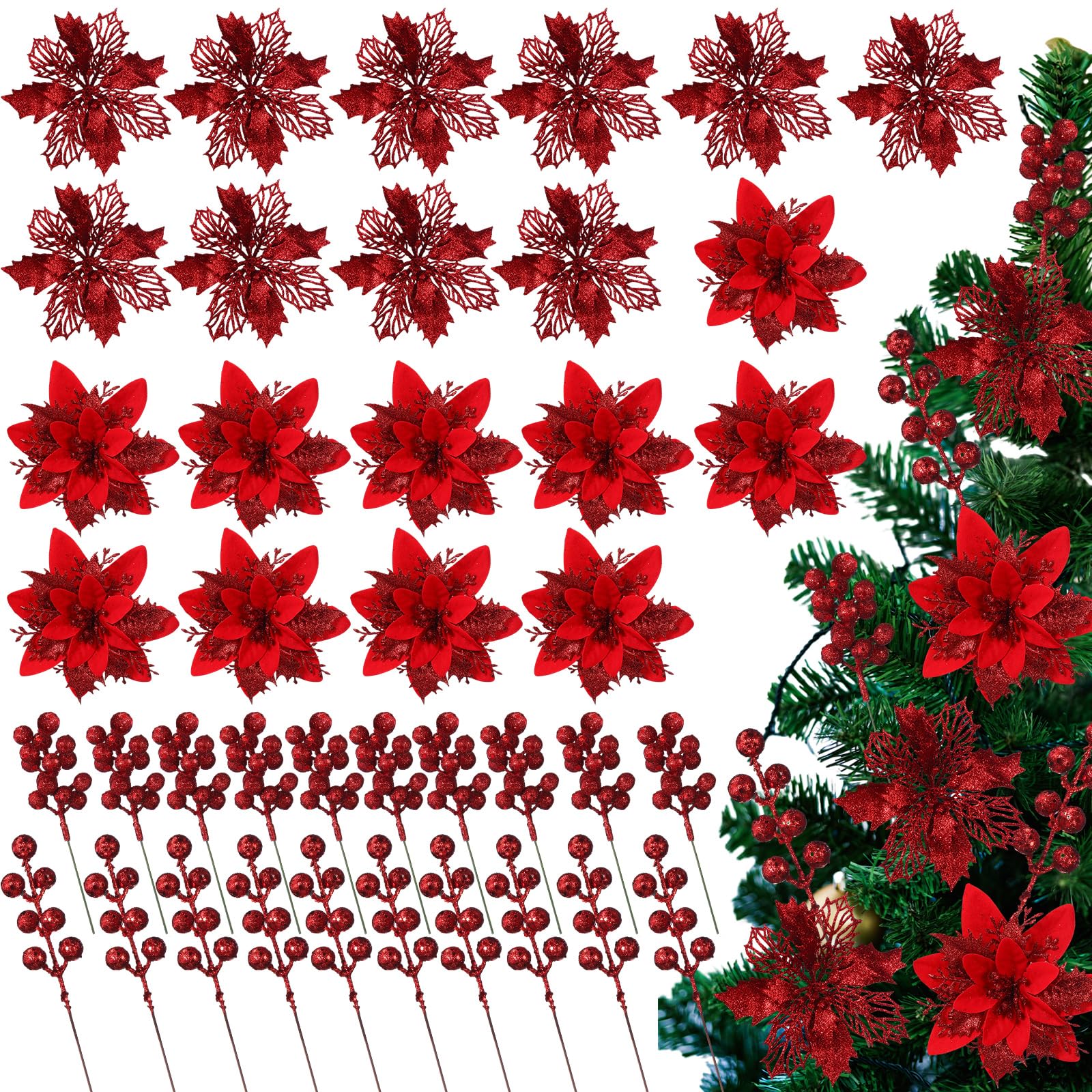 Wavyknot 60 Pcs Red 6 Styles Christmas Glitter Berries Stems with Clip ...
