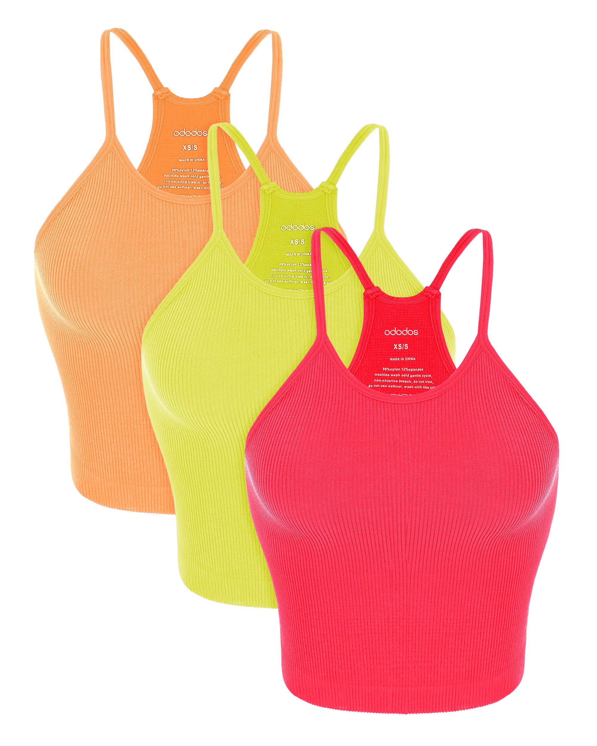 ODODOS Women's 3-Pack Seamless Cami Tops Ribbed Camisole Tank Top, Neon ...