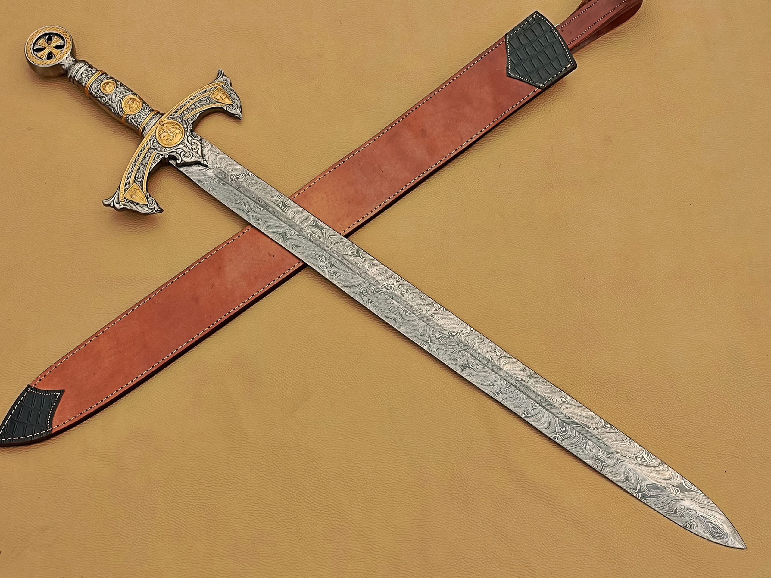 Medieval Templar Knight Sword with Leather Sheath | Damascus Steel ...