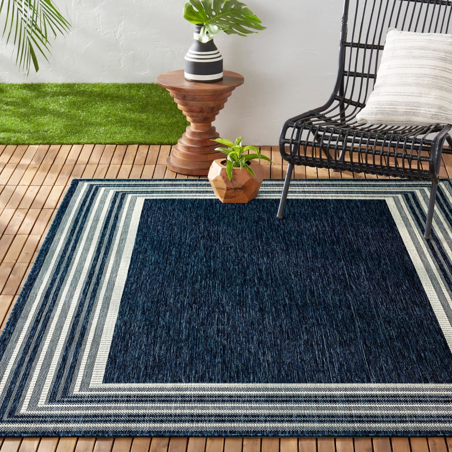 Nicole Miller New York Patio Country Layla Modern Border Indoor/Outdoor Area Rug, Navy Blue ...