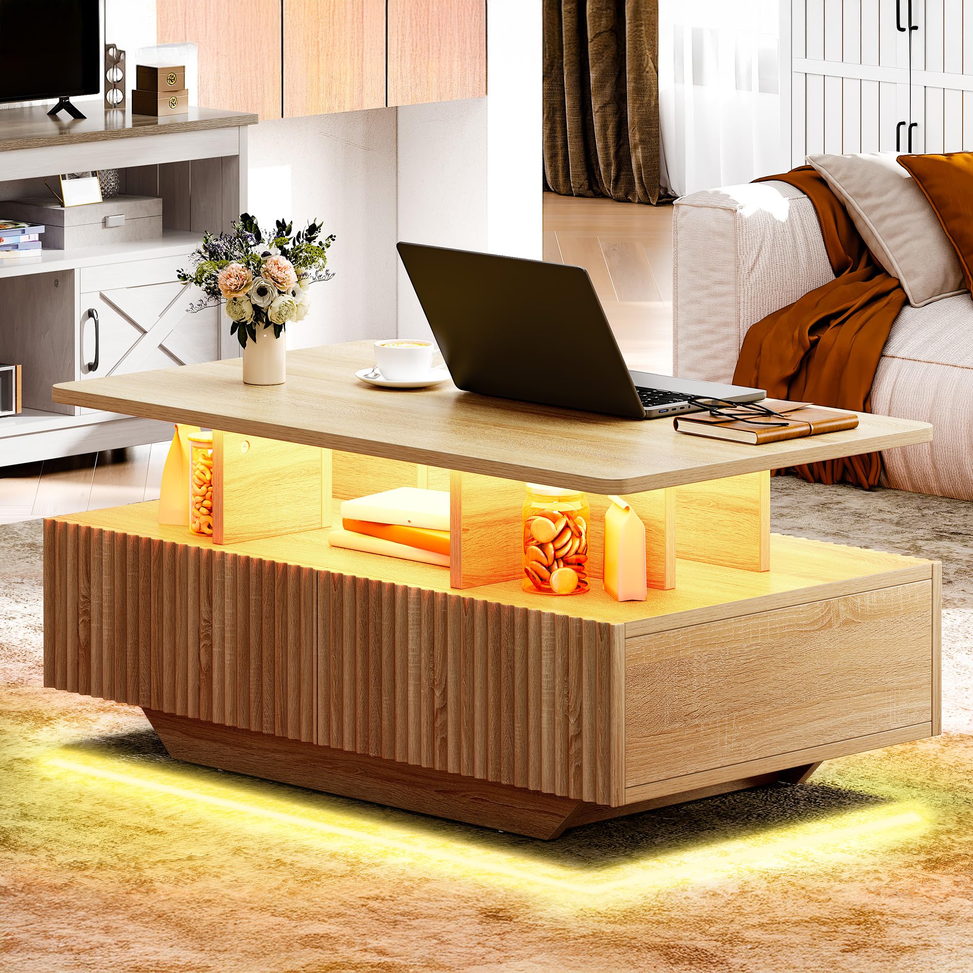 YITAHOME LED Coffee Tables for Living Room, Fluted Farmhouse Coffee ...