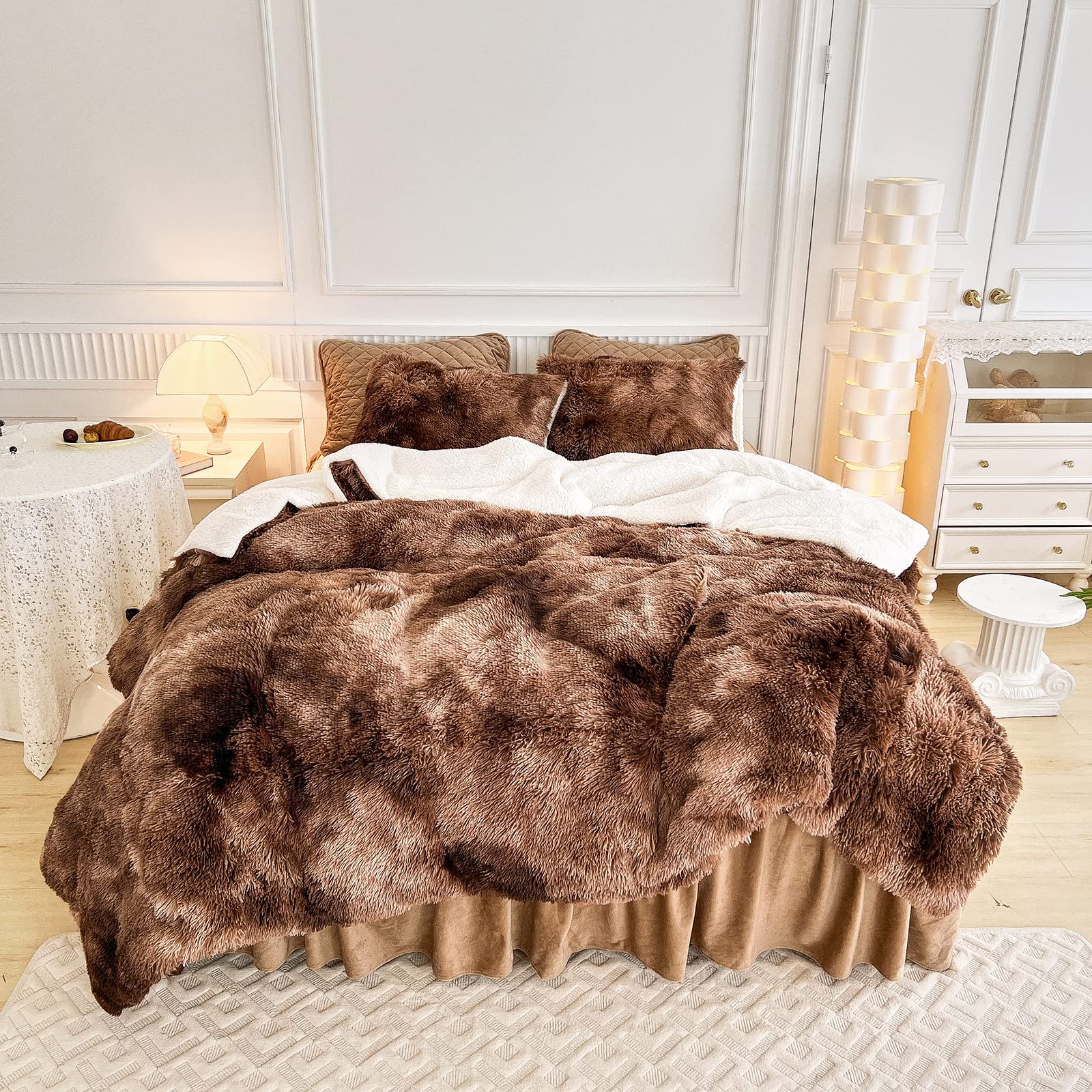 Joyreap 3-Piece Plush Shaggy Comforter Set, Full/Queen Size Luxury Faux ...