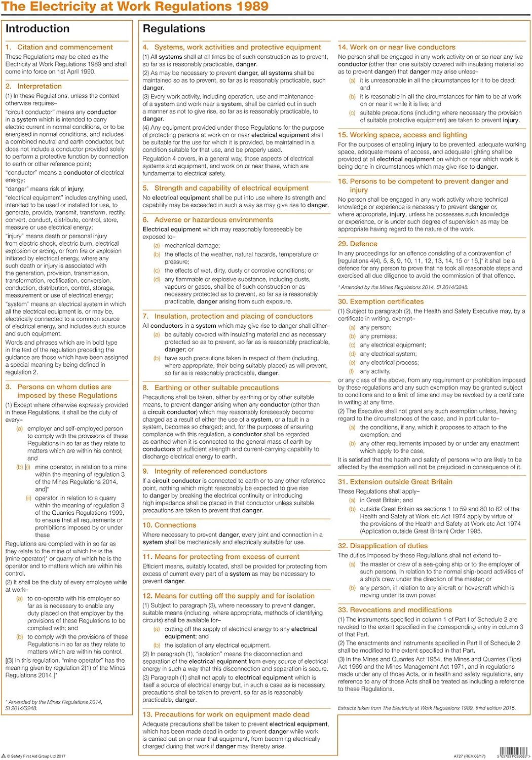 Electricity at Work Regulation A1 Poster, Laminated – BigaMart