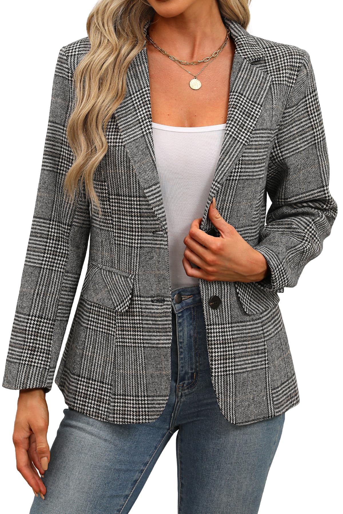 ELLEVEN Womens Casual Plaid Blazer Lapel Collar Double Button Long ...