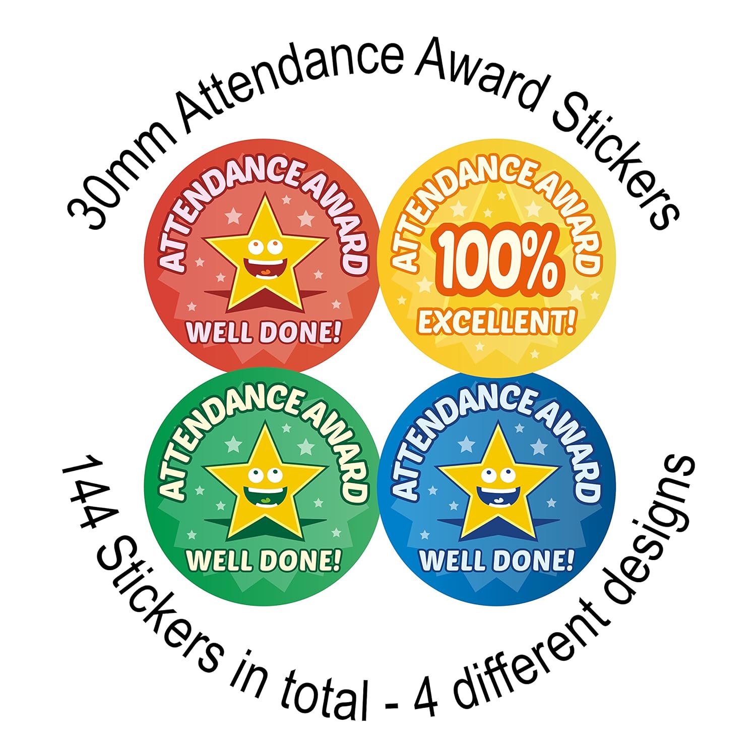 Attendance Award Stickers - 144 30mm Stickers - 4 Designs: Amazon.co.uk ...