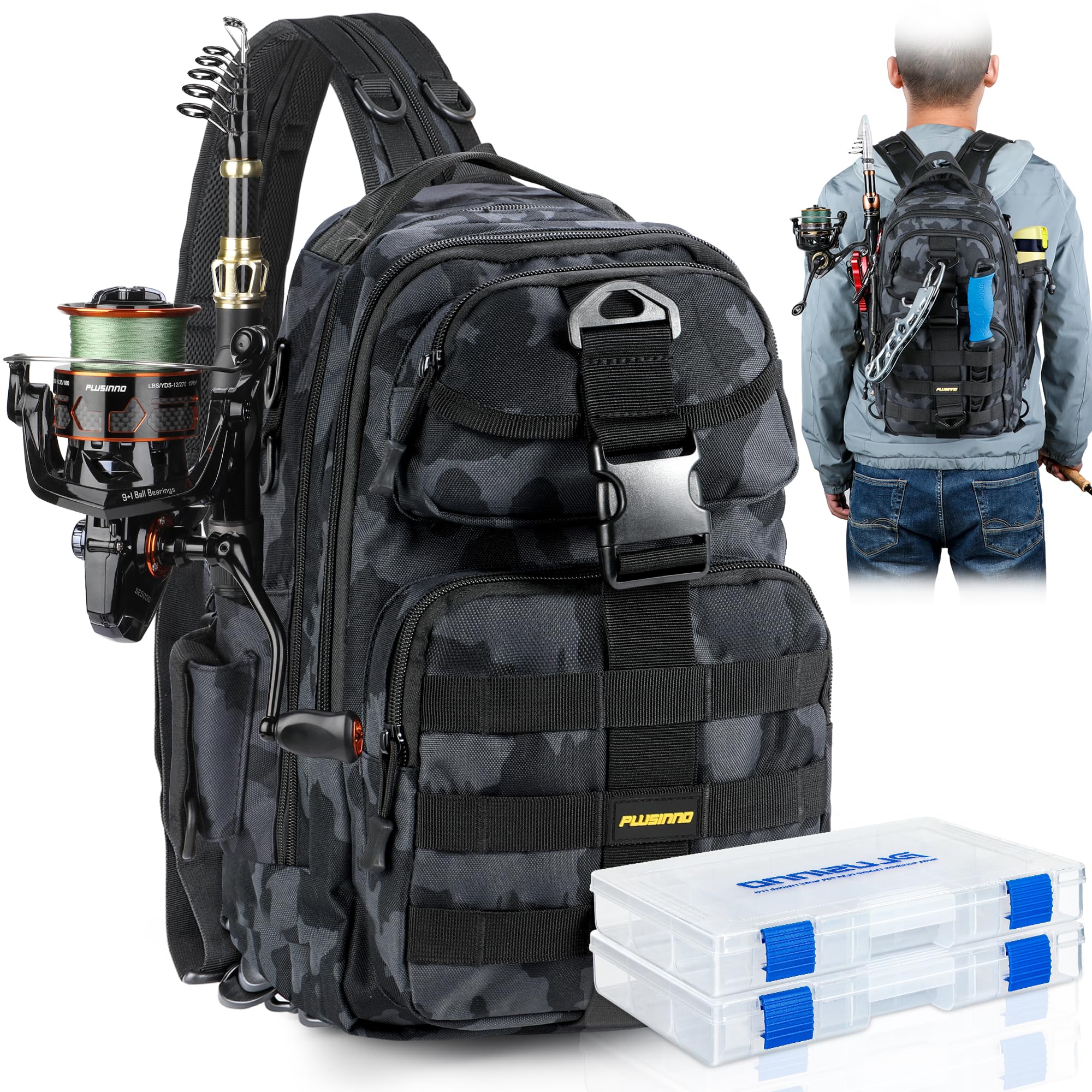 PLUSINNO Fishing Backpack Tackle Bag with 4 tackle boxes, Water ...