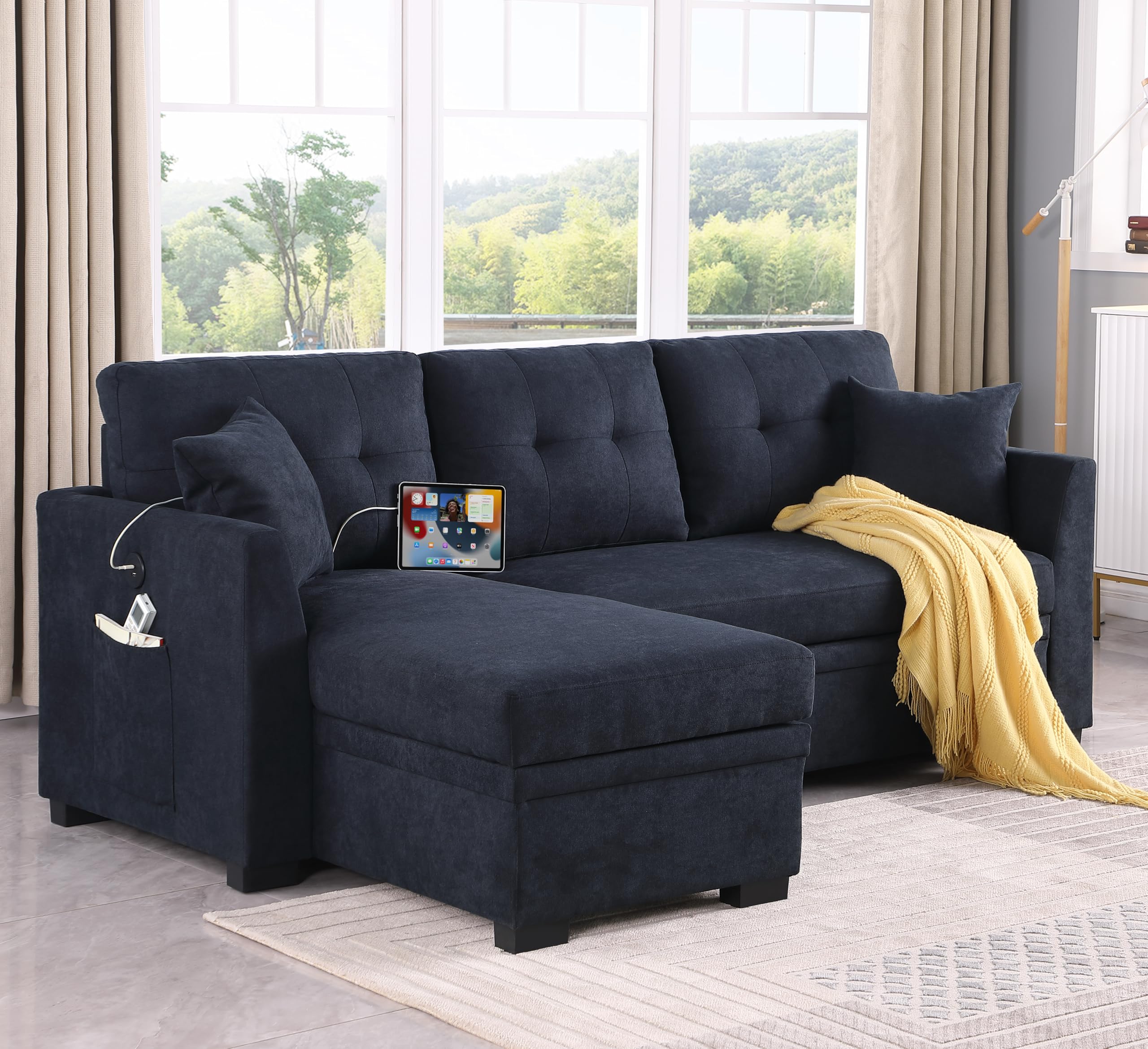 L-Shaped Pull Out Sleep Couch Bed Modern Reversible Sleeper Sectional ...
