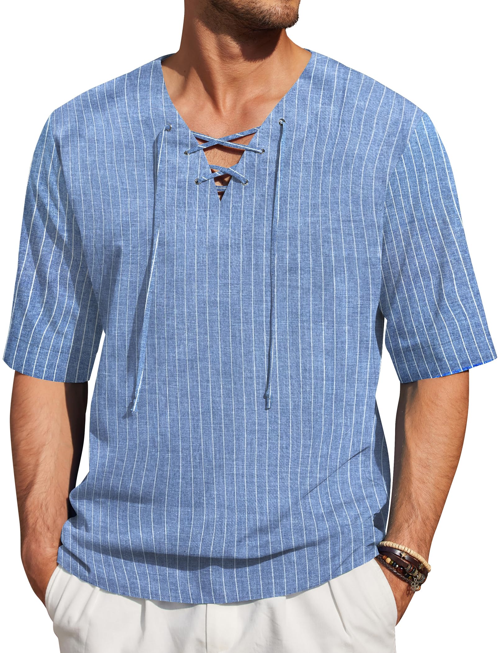 COOFANDY Men Linen Cotton Shirt Beach Lace Up V Neck Shirts Hippie Viking Meditation Tunic for ...