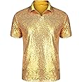 URRU Men's Relaxed Short Sleeve Turndown Sparkle Sequins Polo Shirts 70s Disco Nightclub Party T ...