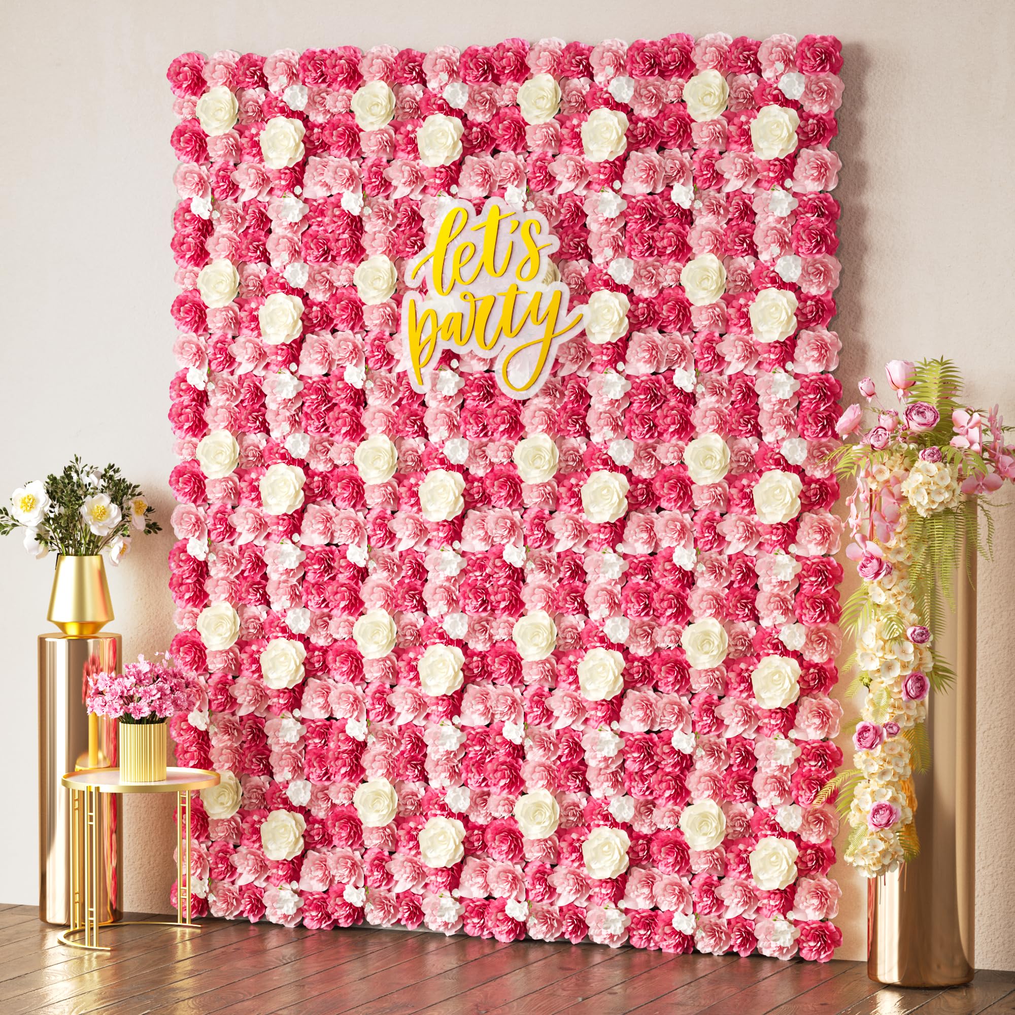 COKAOBE Pink Flower Wall Backdrop, 12PCS 3D Silk Rose Floral Wall ...