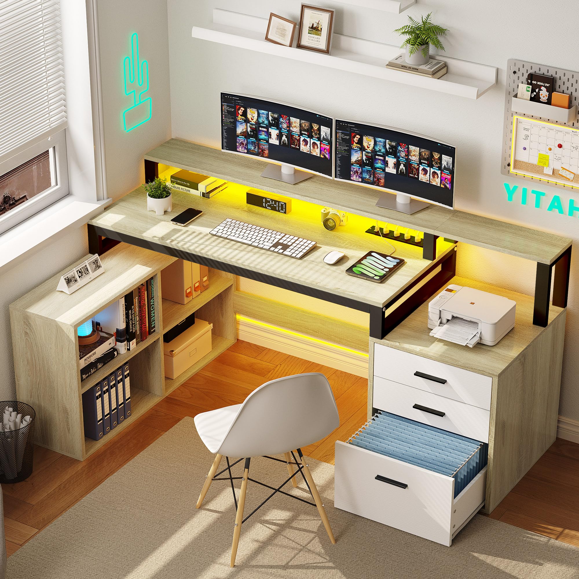 YITAHOME L Shaped Desk with Power Outlets & LED Lights & File Cabinet ...