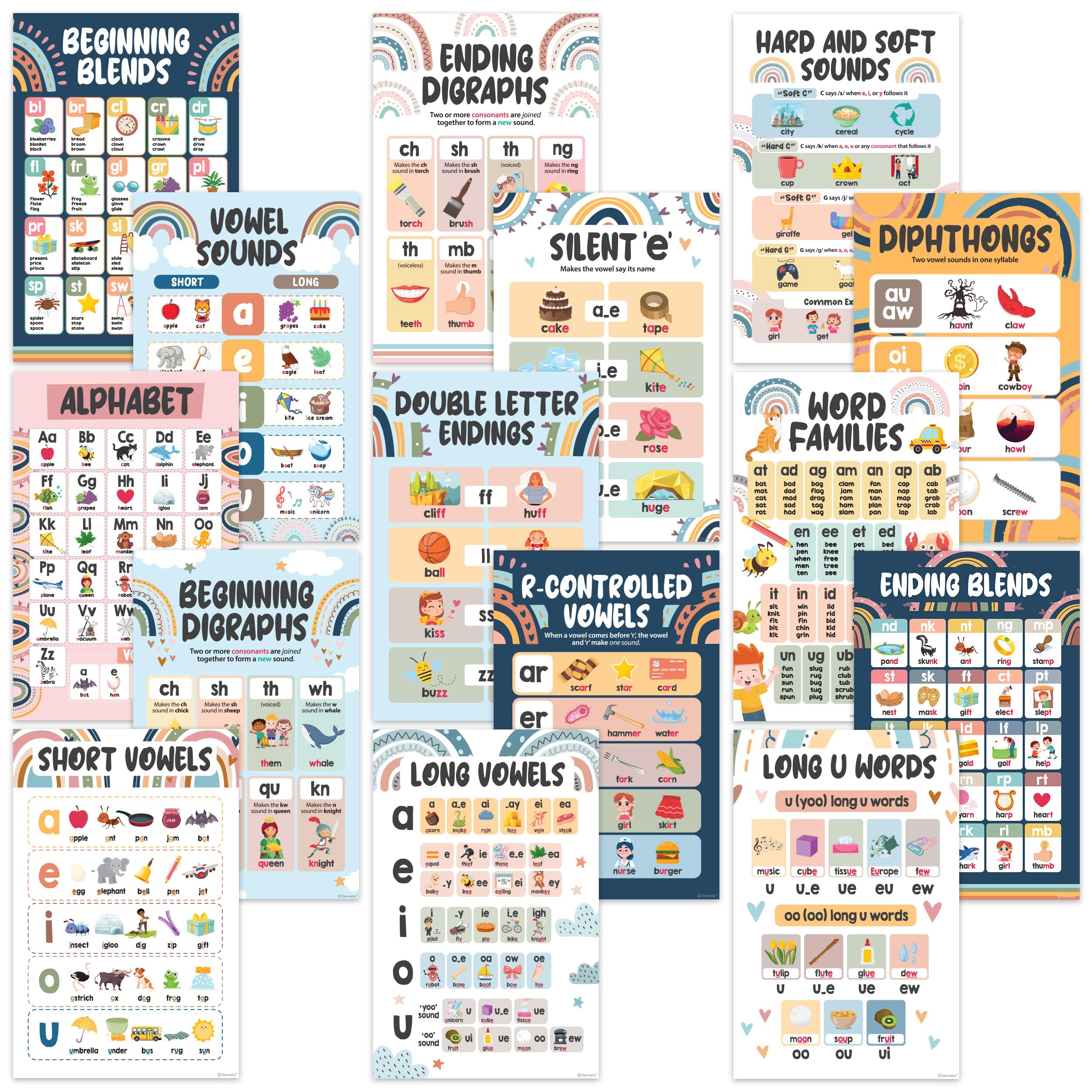 Mua Decorably 15 Boho Rainbow Phonics Posters for Classroom, 11x17in ...