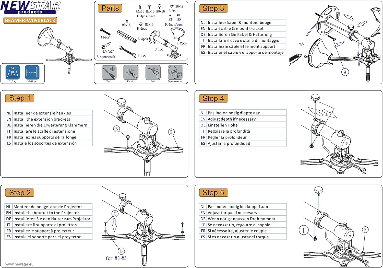 Newstar BEAMER-W050BLACK Universal Projector Wall Mount (Ultra Short ...