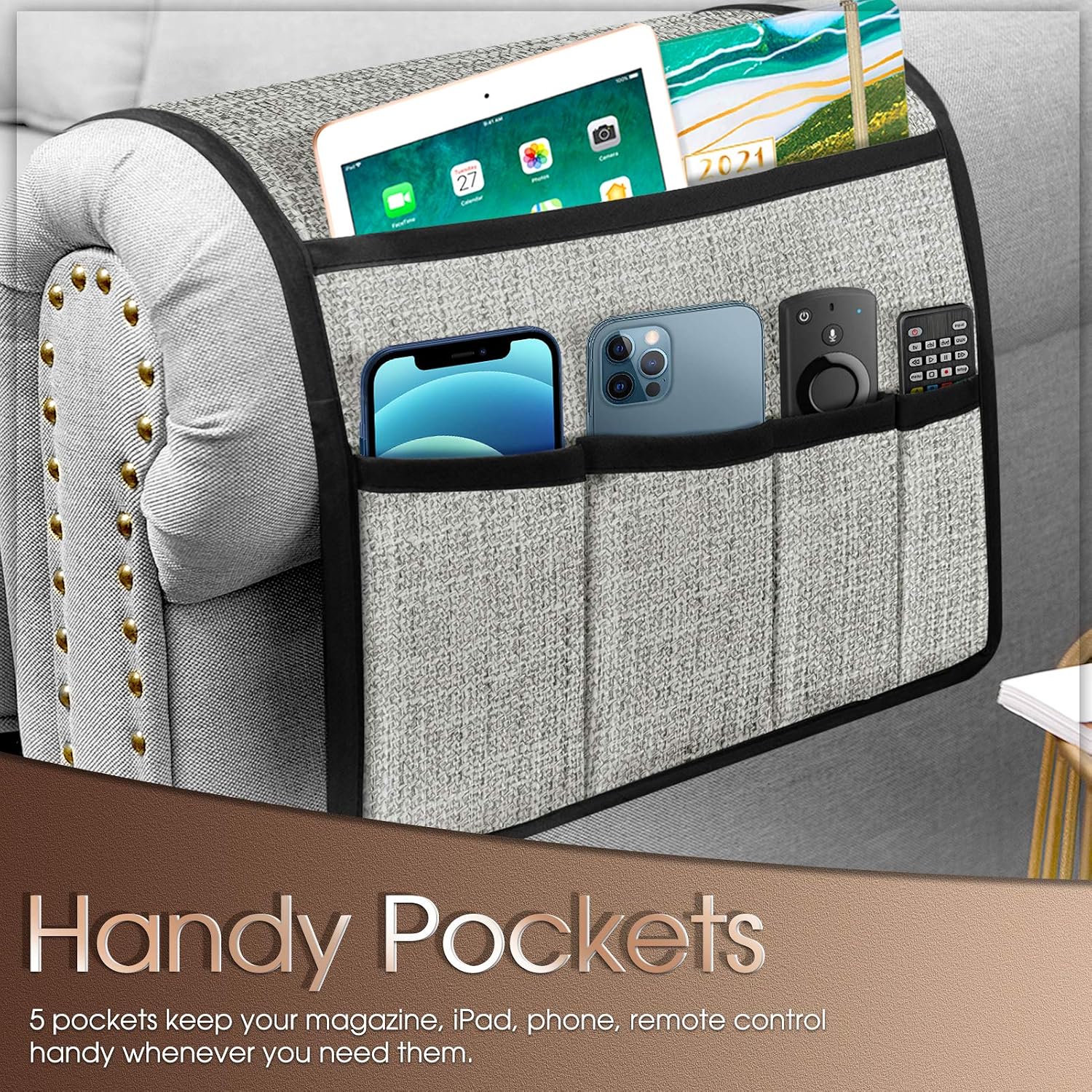 Joywell Thick Linen Sofa Arm Chair Caddy Armrest Organizer, Remote ...