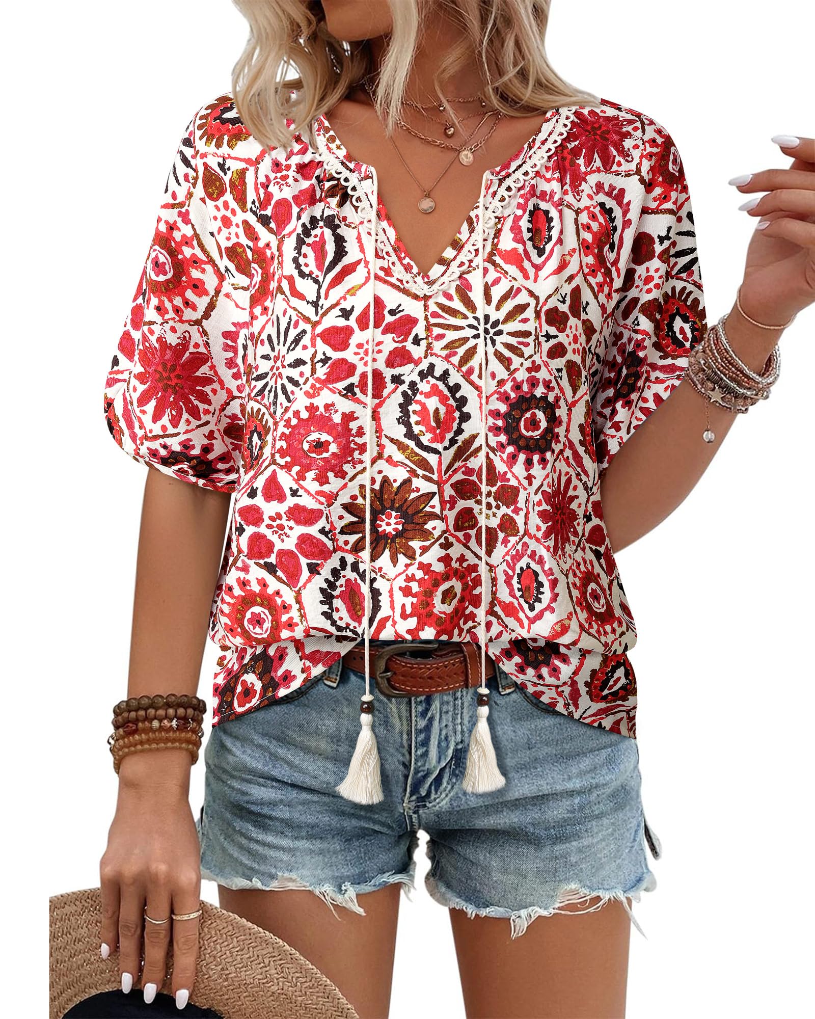 Vivilli Womens Summer Tops Red Peasant Blouses for Women Beach Vacation ...