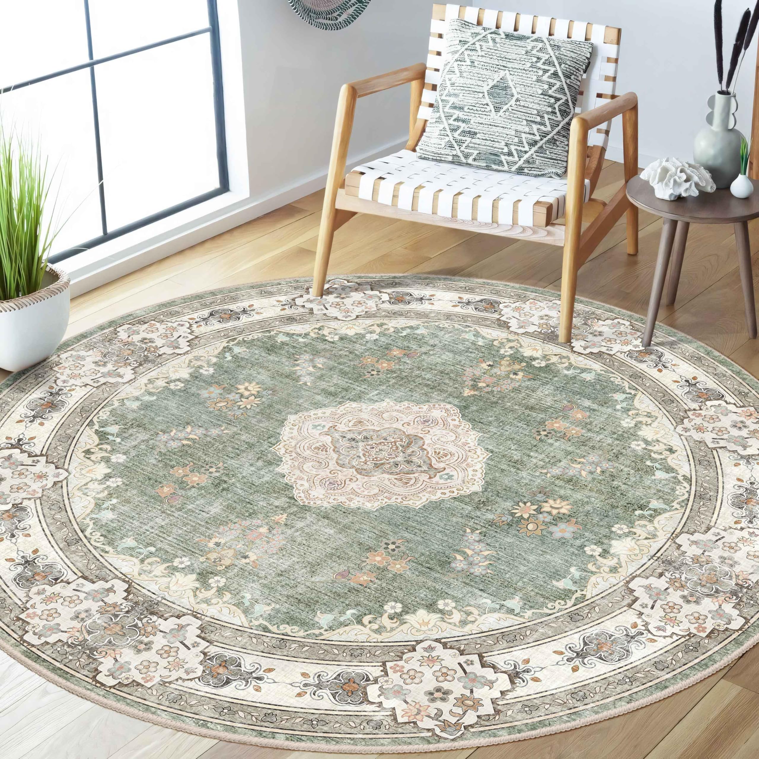 MUJOO Green Round Rug 5ft,Circle Washable Area Rugs for Bedroom Living ...