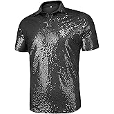 URRU Men's Relaxed Short Sleeve Turndown Sparkle Sequins Polo Shirts 70s Disco Nightclub Party T ...