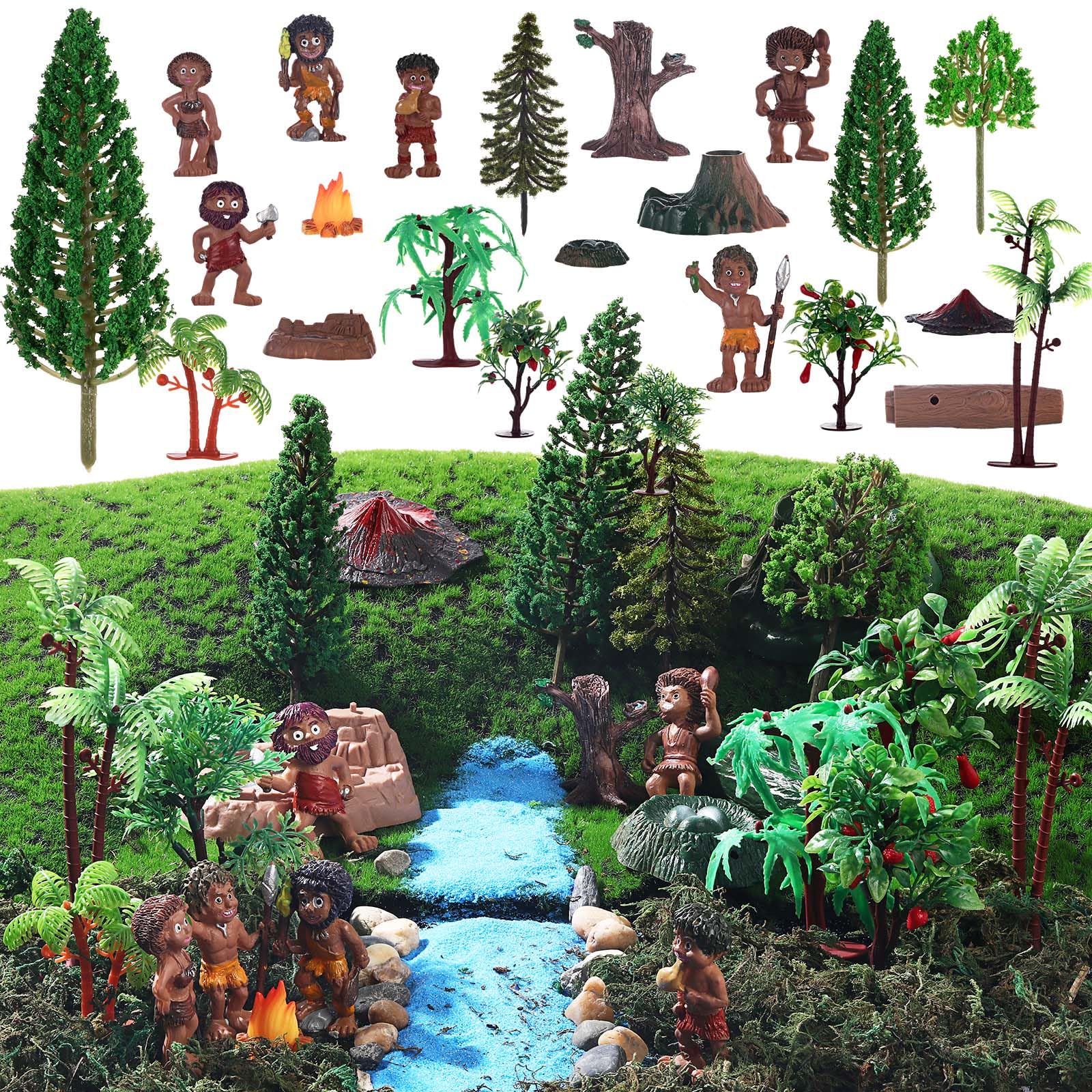 RoundFunny 27 Pcs Primitive Man Figurines Kit, Include Diorama Supplies ...
