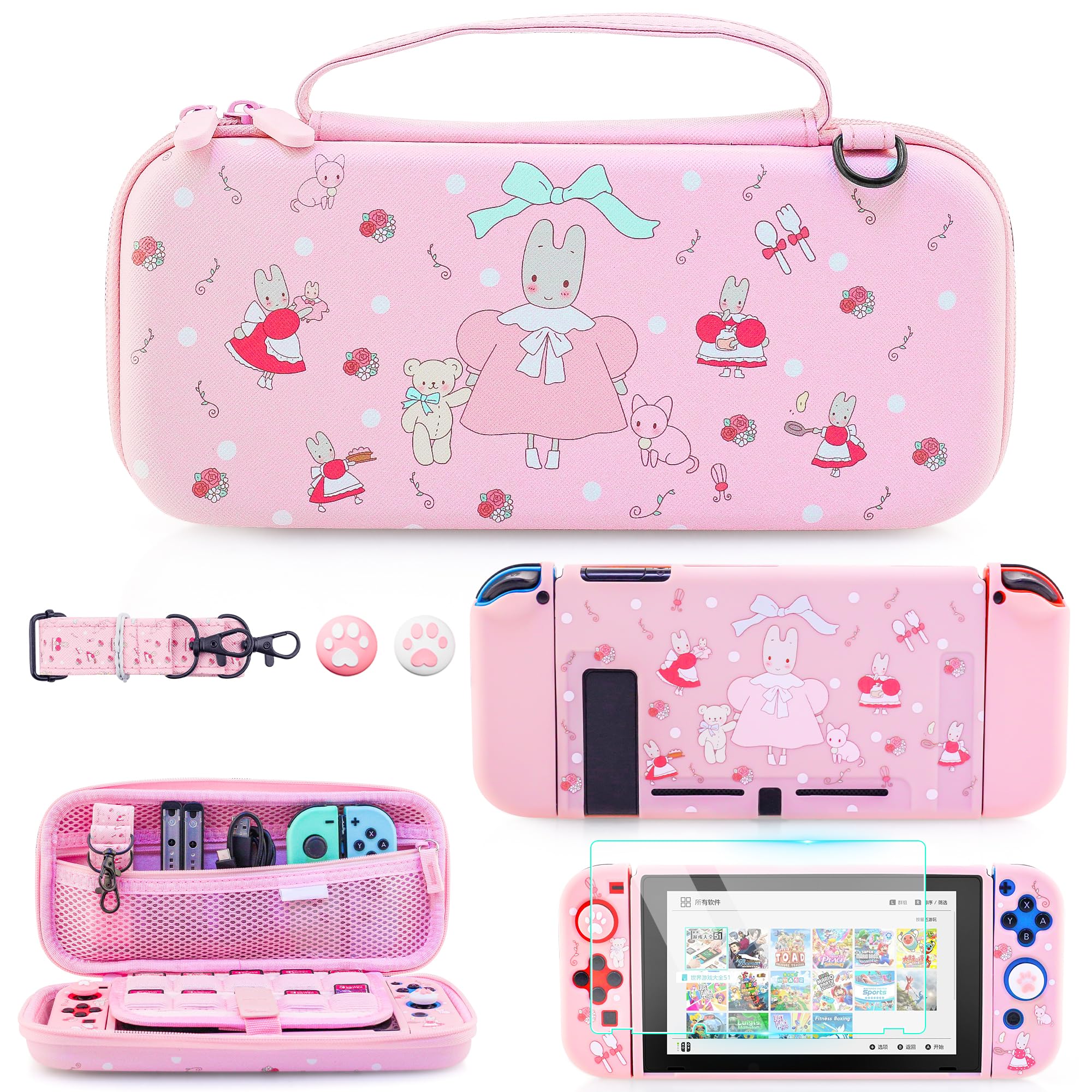 RHOTALL Cute Pink Bunny Carrying Case for Nintendo Switch with 10 Slots ...